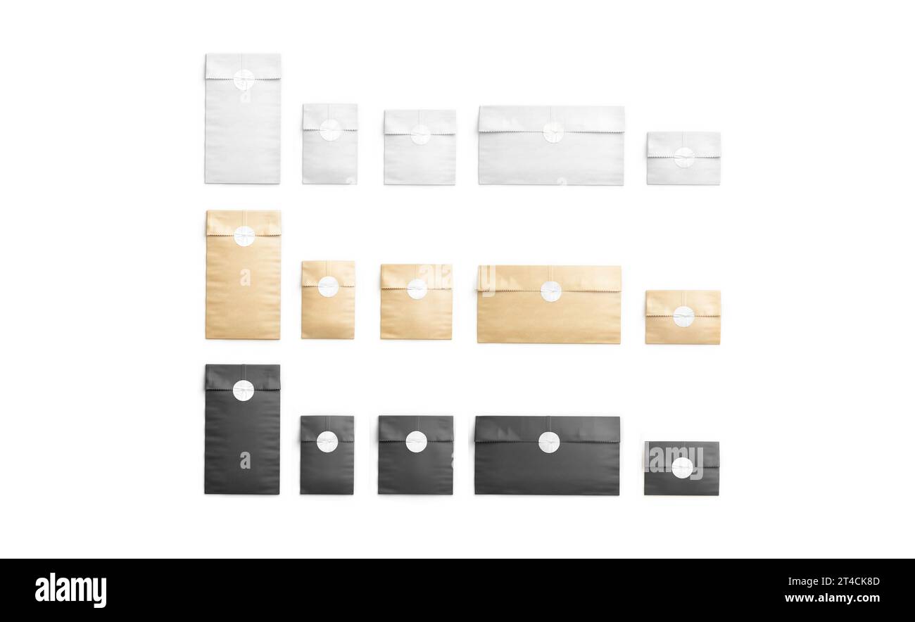 Blank black, craft and white paper bag with sticker mockup, 3d ...