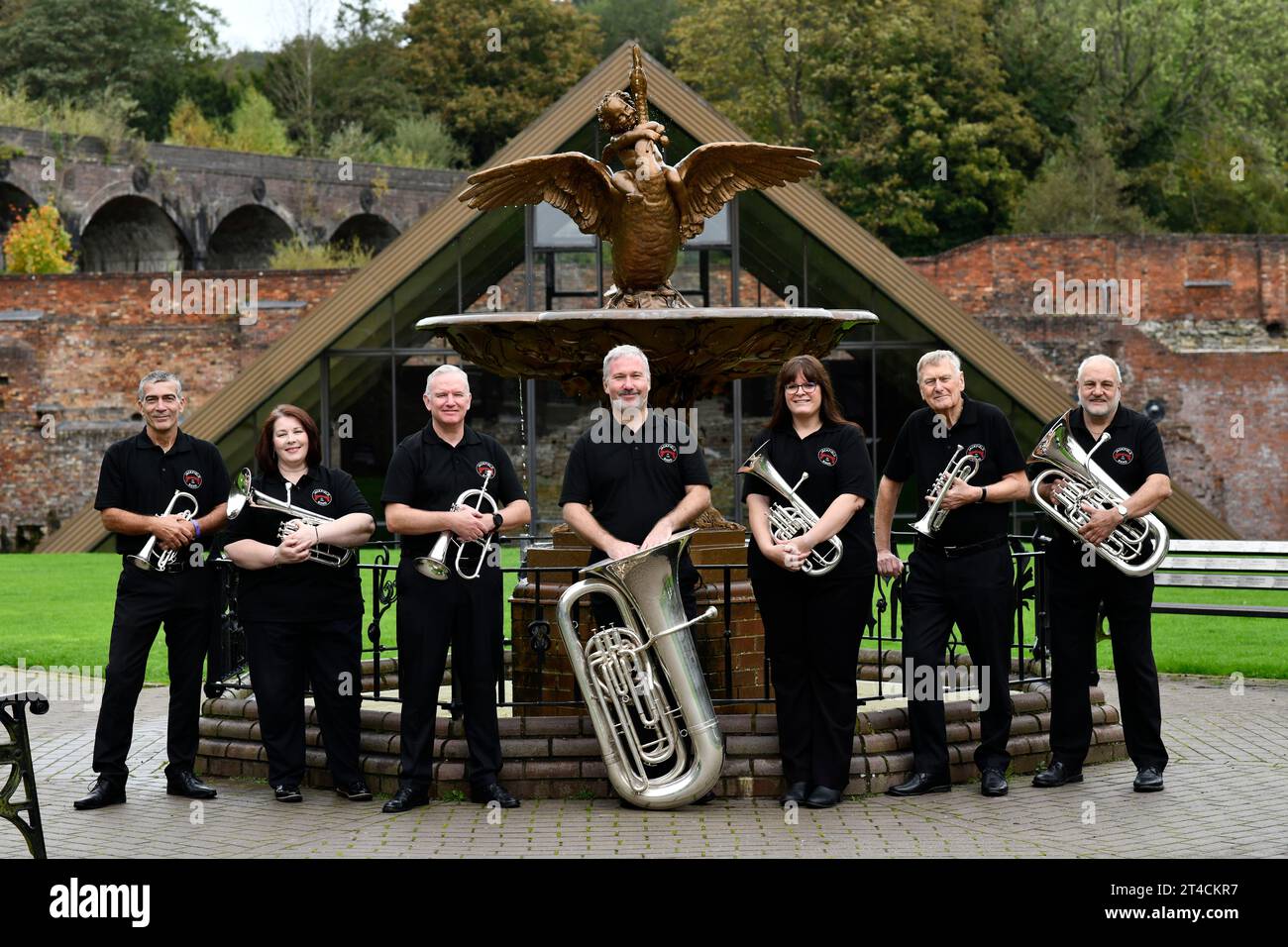 Members of Jackfield Band and the Boy and Swan cast iron water fountain ...