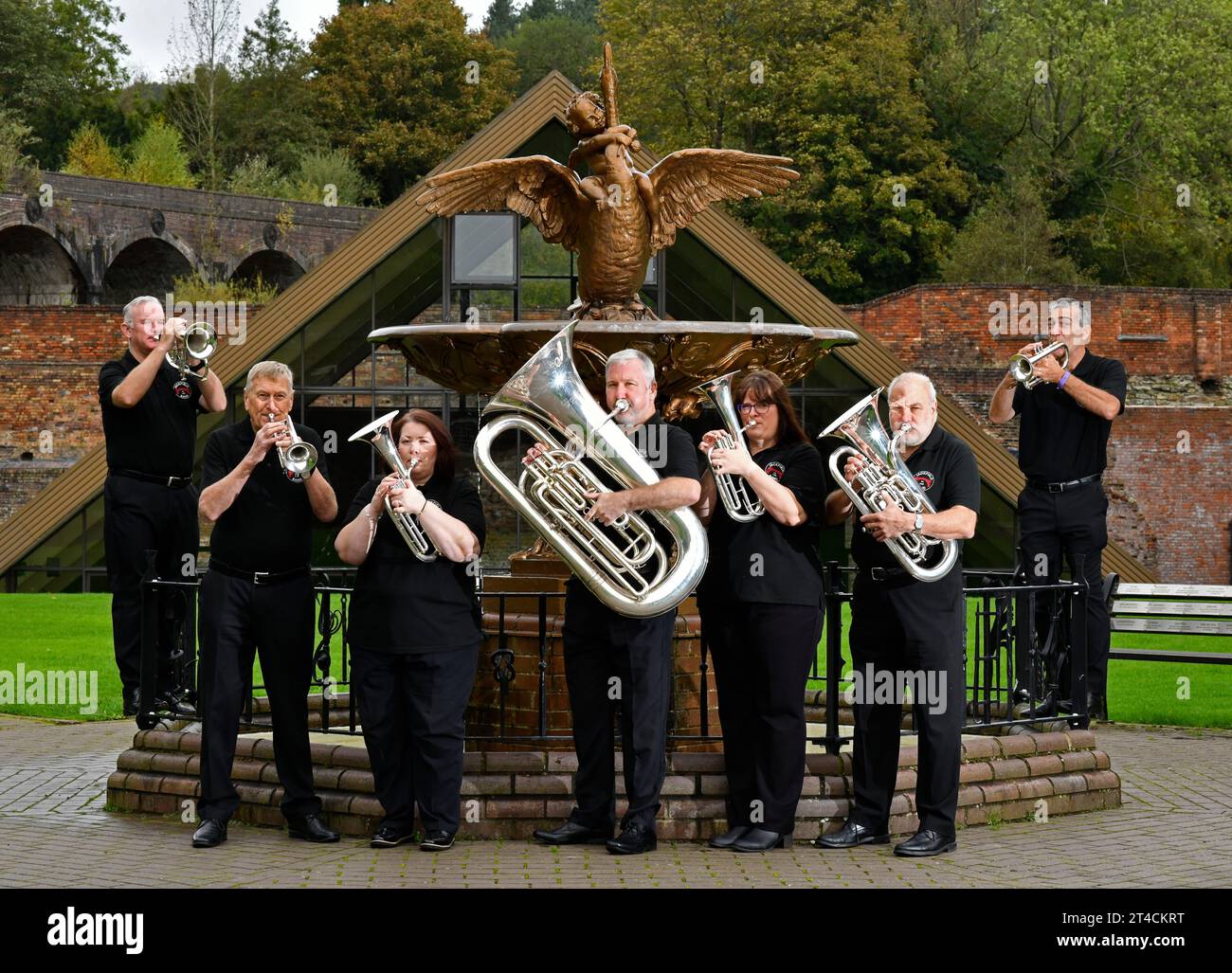 Members of Jackfield Band and the Boy and Swan cast iron water fountain ...