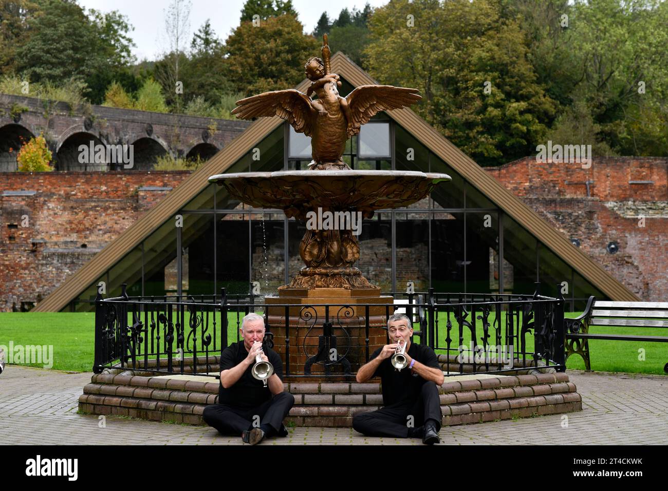 Members of Jackfield Band and the Boy and Swan cast iron water fountain ...