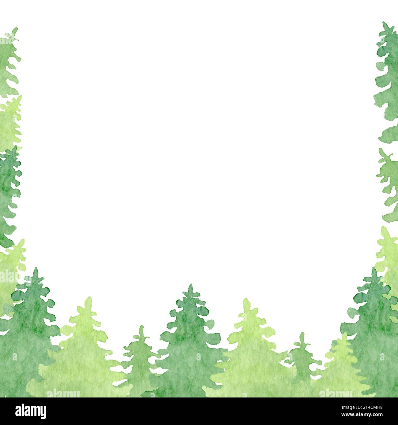 Watercolor forest frame, border with abstract spruce. Hand drawn ...