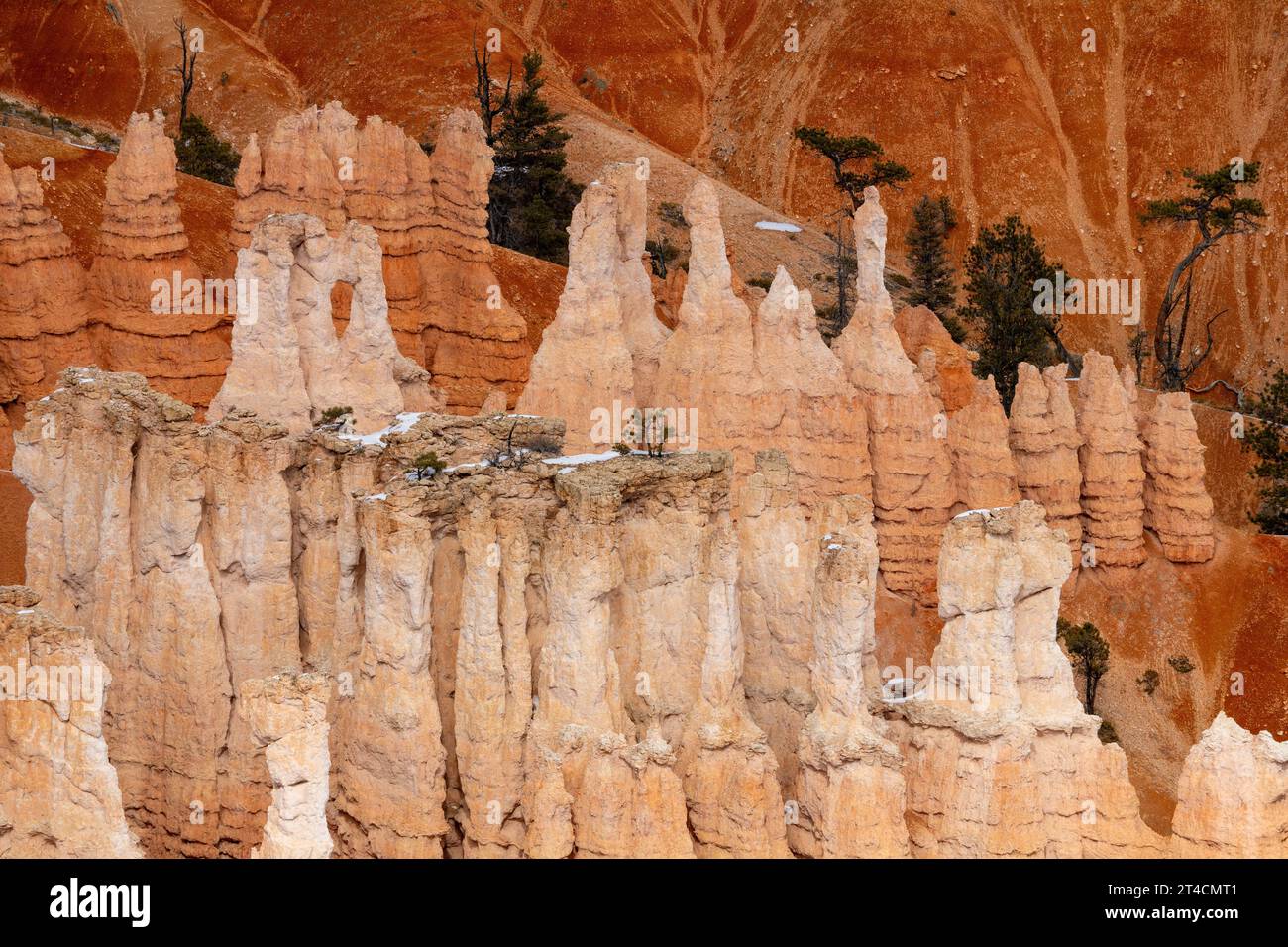 Snow on eroded hoodoos in the Bryce Amphitheater below Sunset Point ...