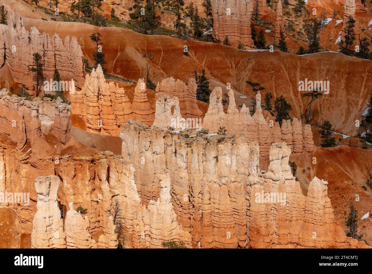 Snow on eroded hoodoos in the Bryce Amphitheater below Sunset Point ...