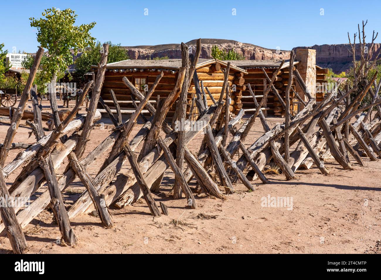 A wooden defensive fence around the cabins at the Bluff Fort Historic ...