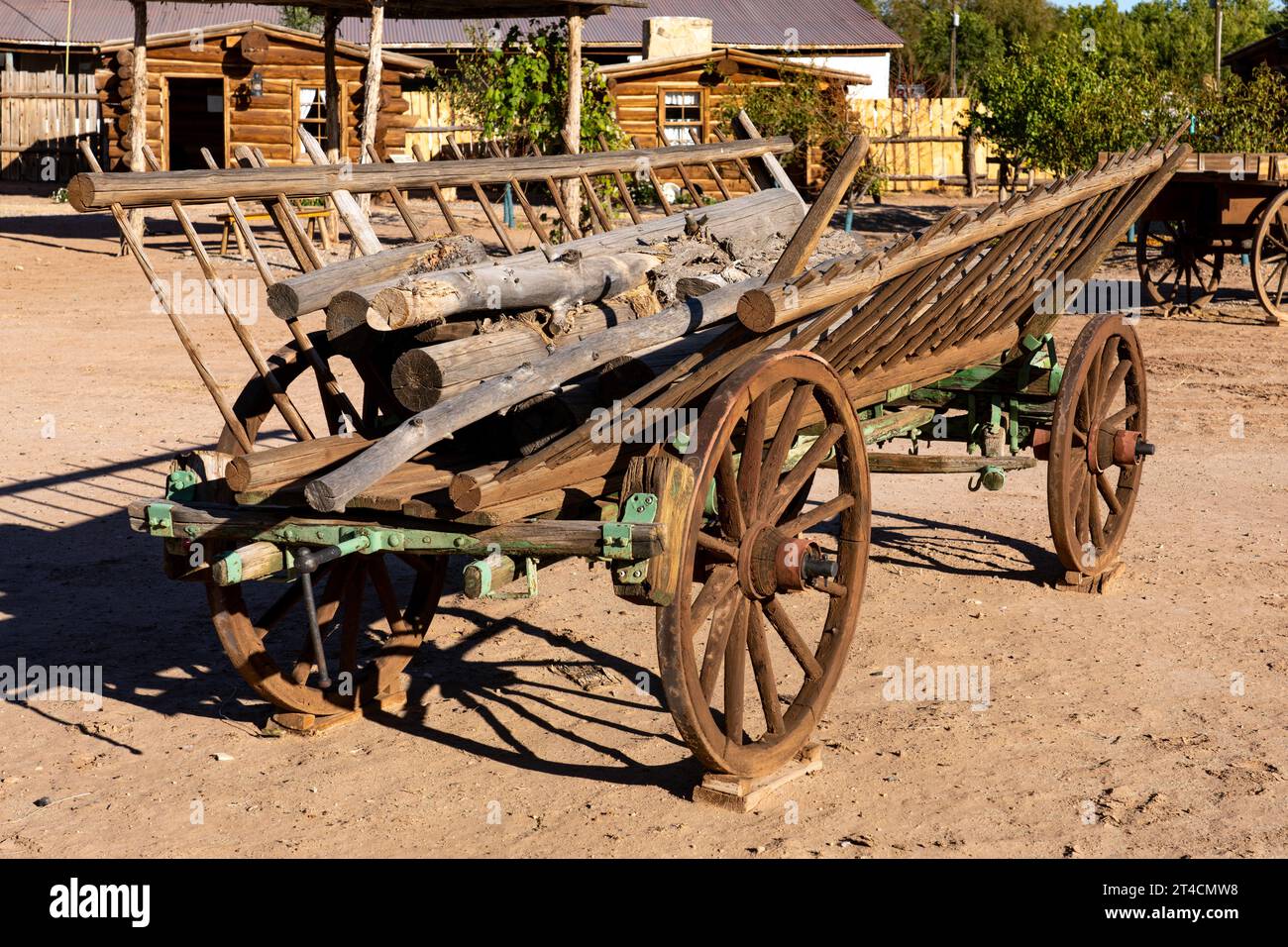A vintage antique wooden hay wagon with sloped sides at the Bluff Fort ...