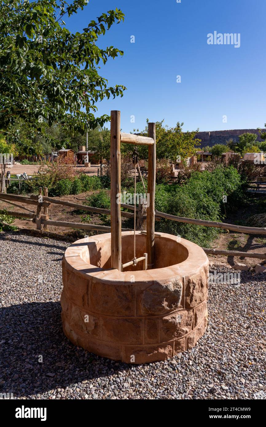 A stone water well by the vegetable garden at the Bluff Fort Historic ...