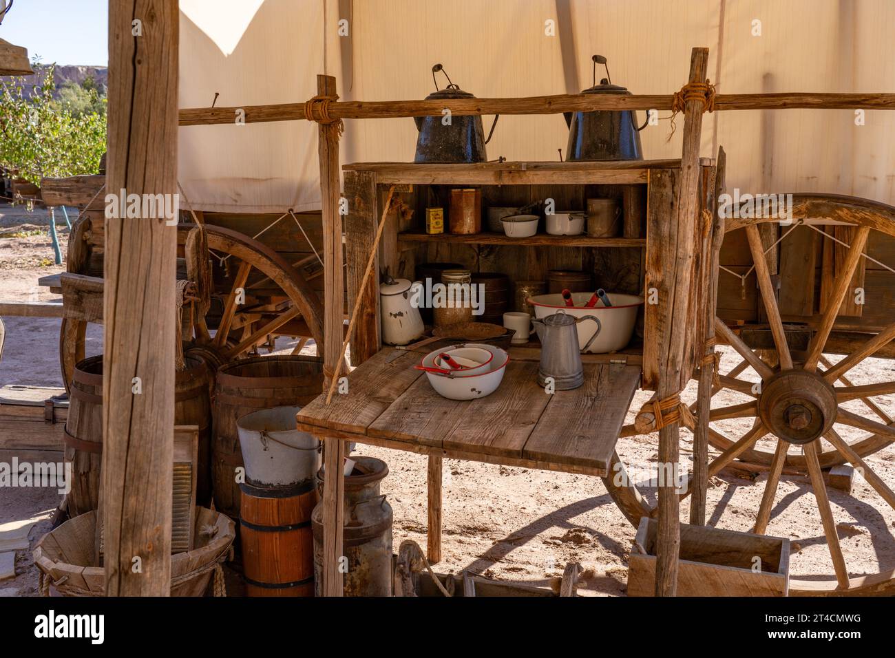 The chuck box or kitchen box of a covered wagon camp at the Bluff Fort ...