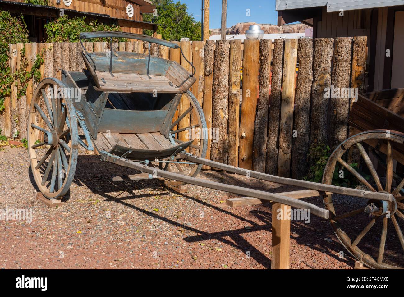 A vintage antique two-wheeled pioneer horse cart at the Bluff Fort ...