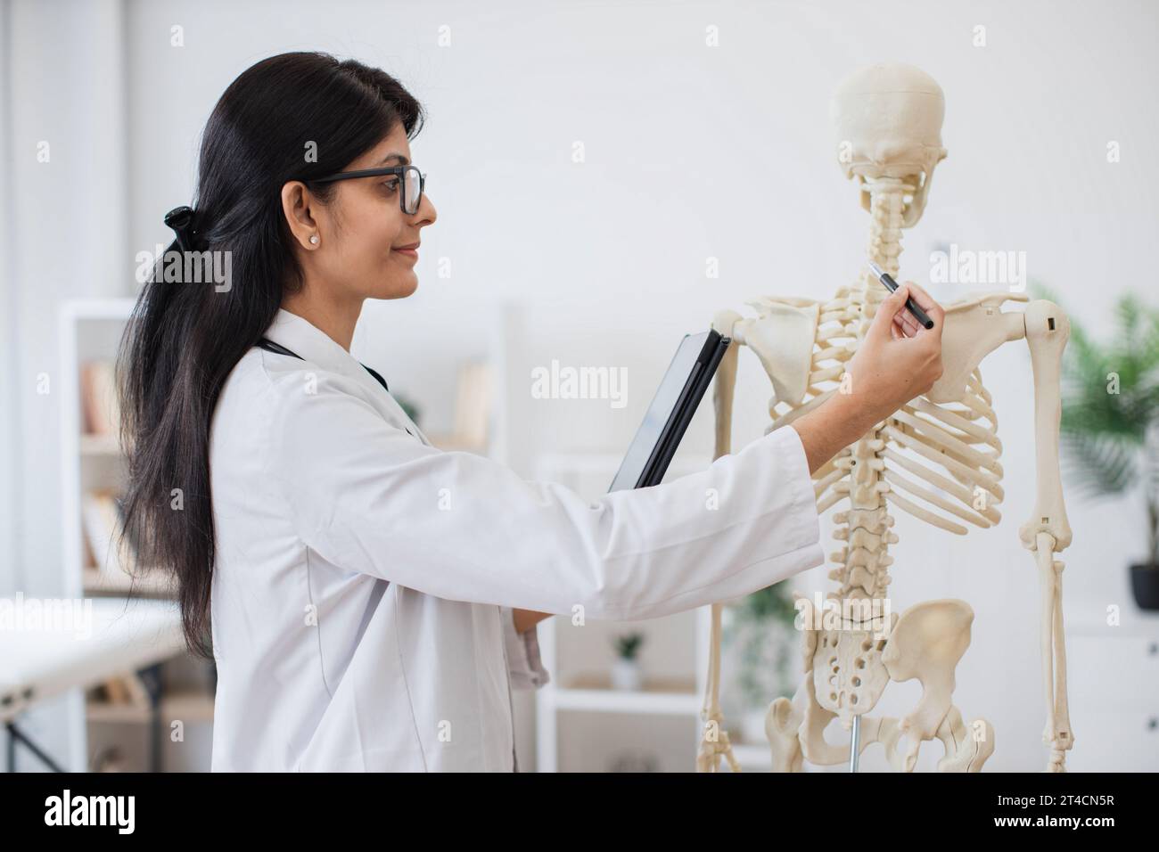 Medical worker with tablet examining spine on skeleton model Stock ...