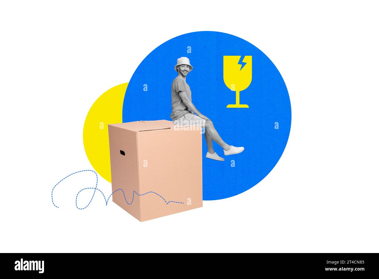 3d poster collage of young funny guy sitting big fragile carton box ...