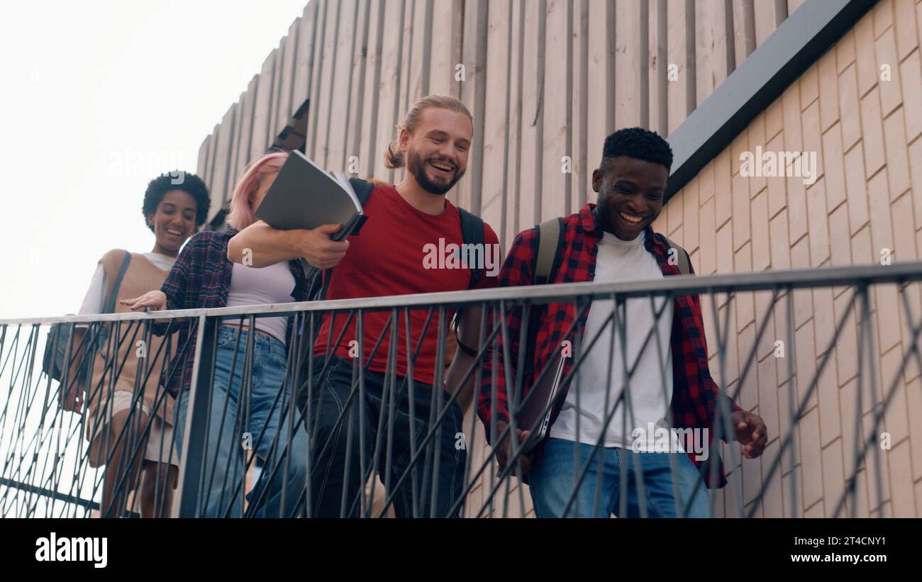 Happy smiling speaking joyful diverse people teens high school pupils happy multiracial friends ...