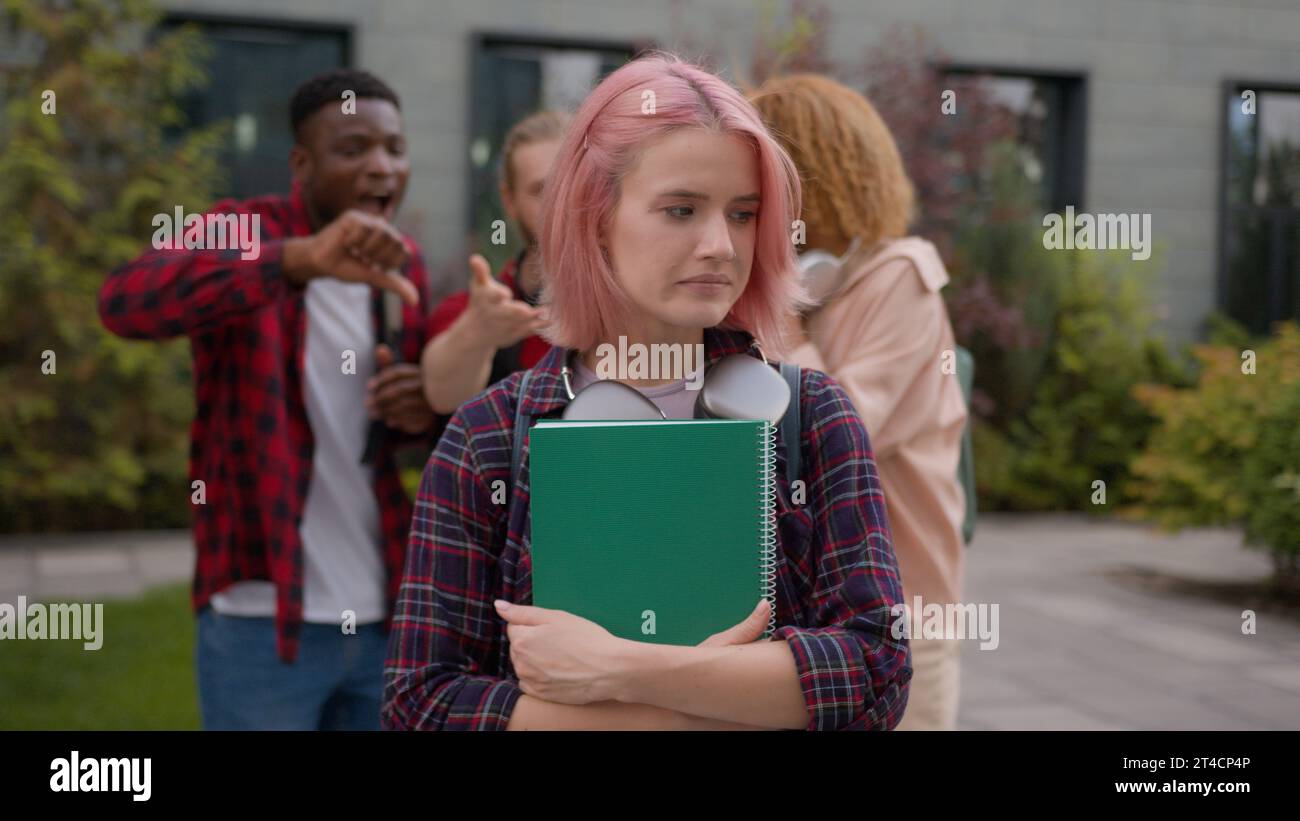 Sad stressed scared offended school girl student woman informal hipster ...