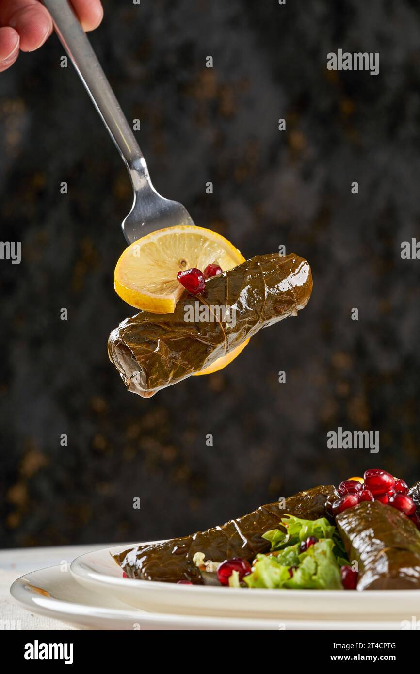 Grape leaves rolls stuffed with rice and meat, a popular Turkish-Arab ...