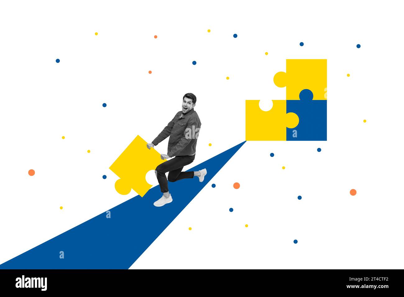 Poster collage picture of cheerful positive guy solving task puzzle ...