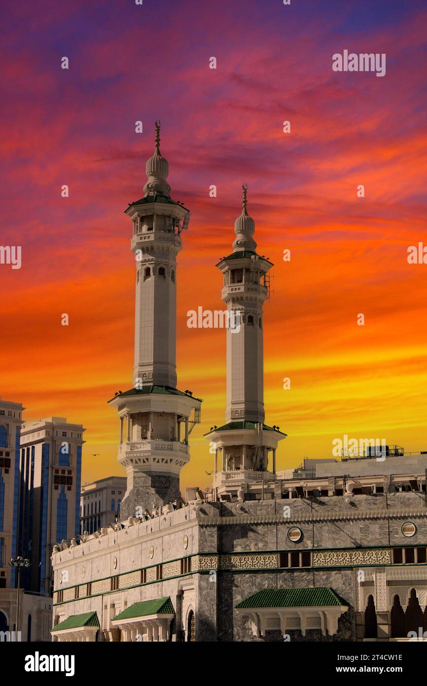 The minarets of the Meccan Kaaba. sunset filter Stock Photo - Alamy