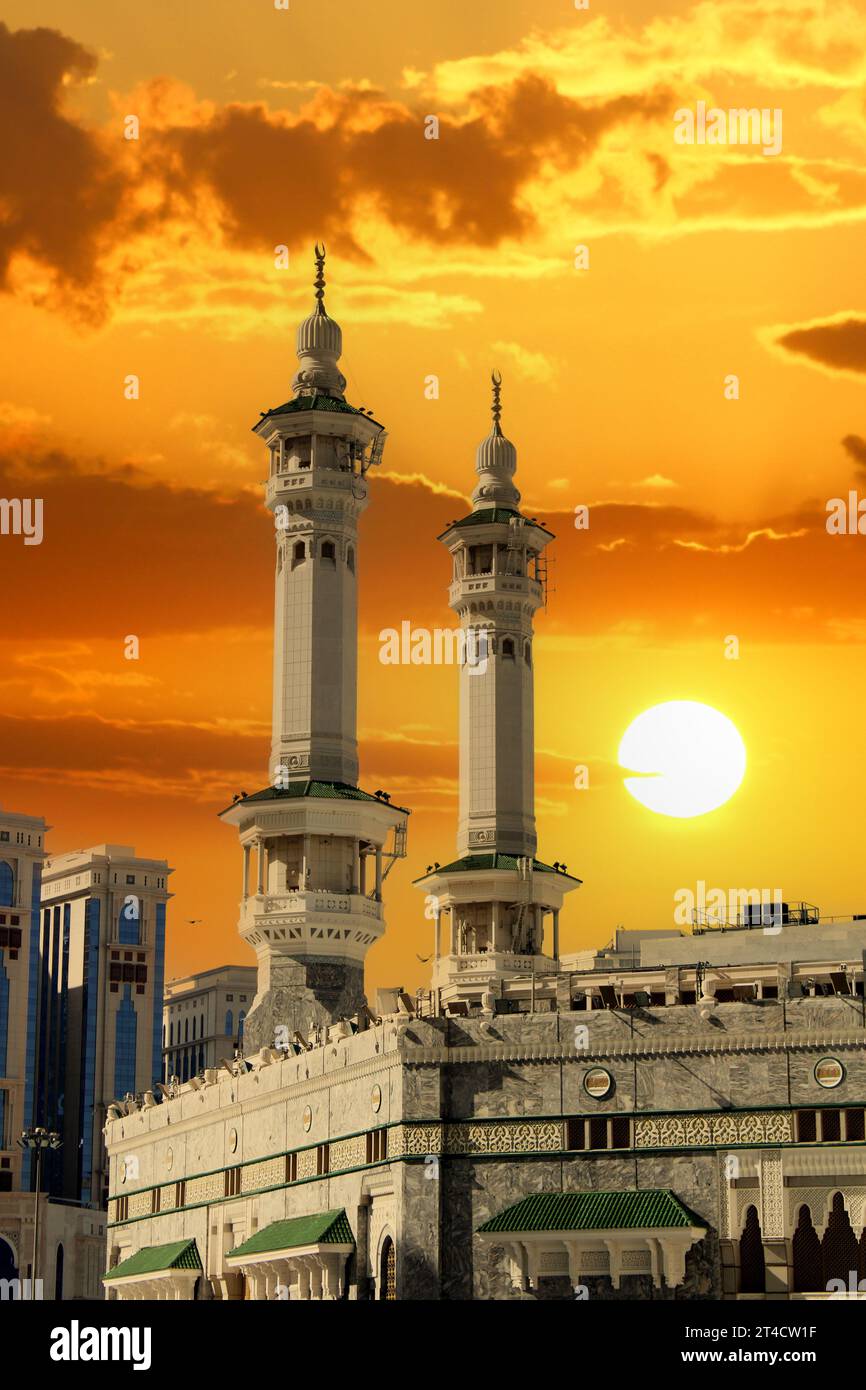 The minarets of the Meccan Kaaba. sunset filter Stock Photo - Alamy