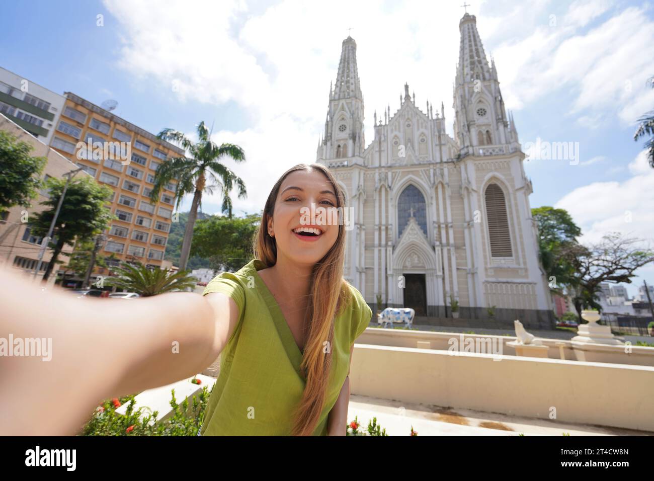 Tourism in Brazil. Young traveler woman taking self portrait with ...