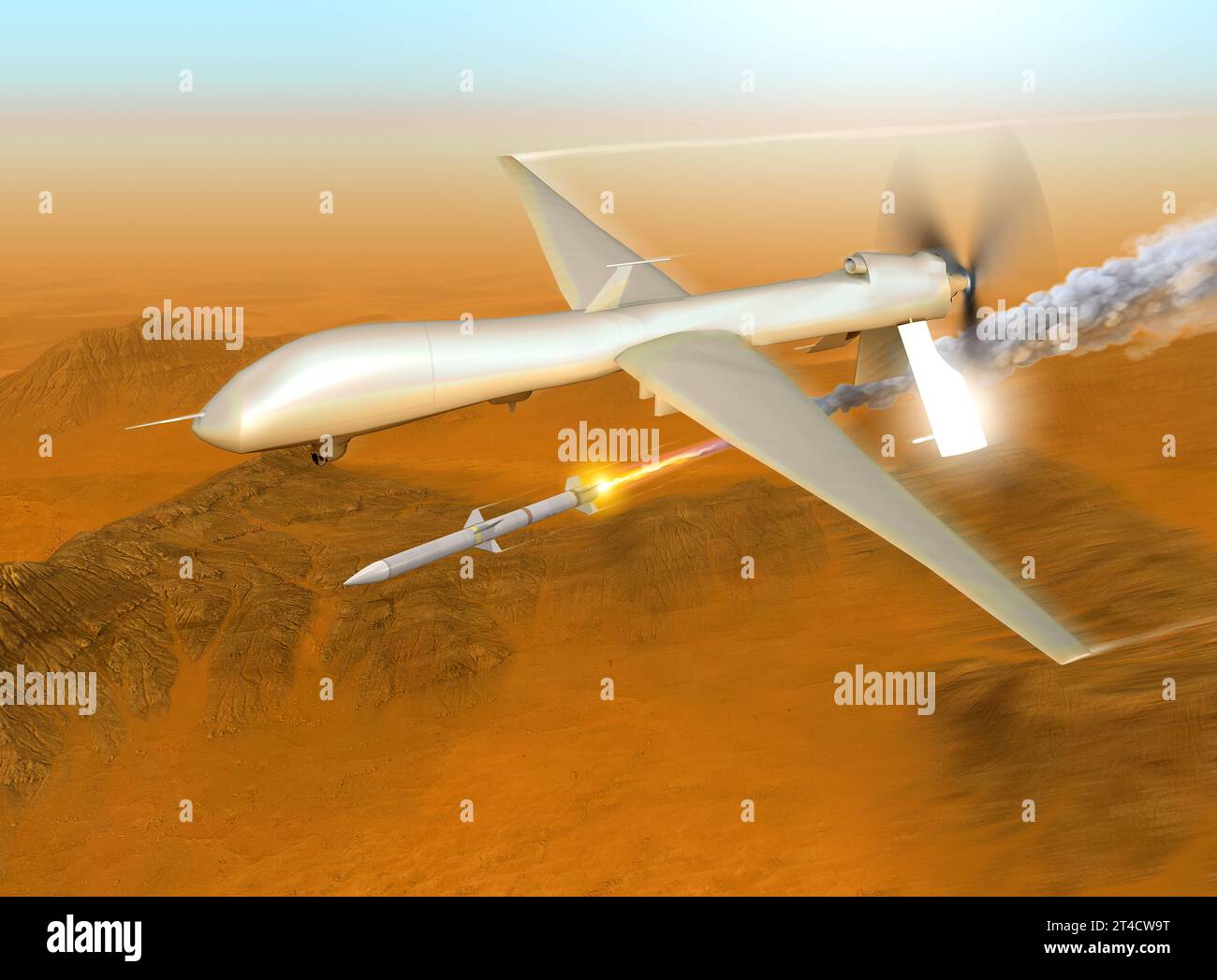 High-tech long range military drone launches a rocket over a desert, 3d ...