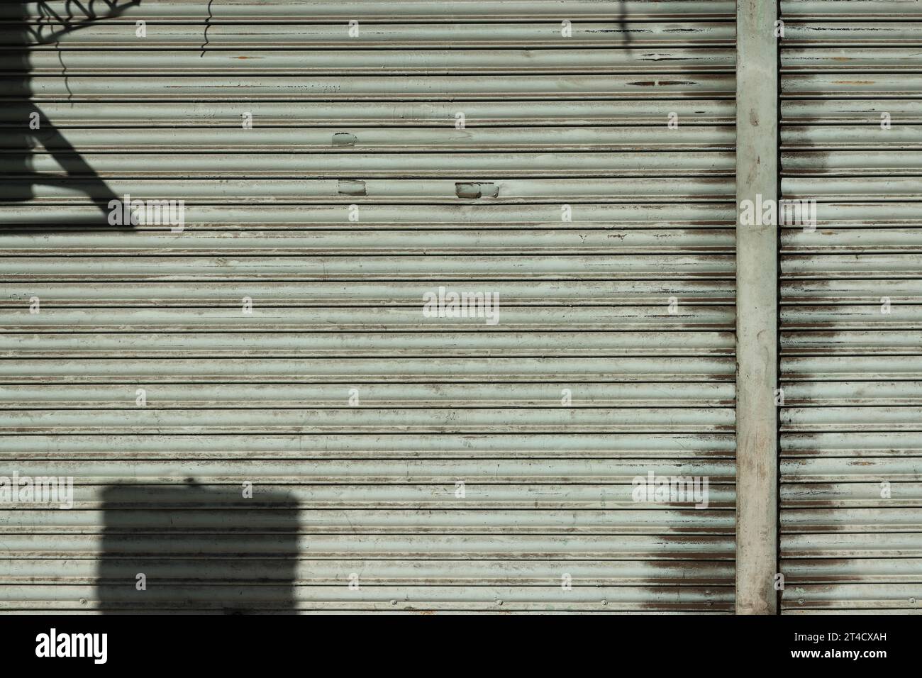 A detailed capture of aged metal shutters, tinted with a pale green hue ...