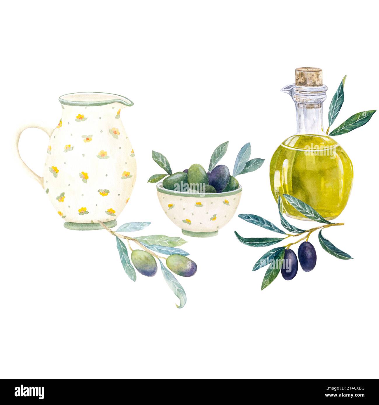 Watercolor hand draw set with olives, bottle of olive oil and tableware ...