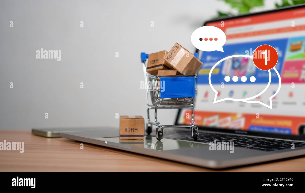 Shopping carts and product boxes Place on laptop computer showing ...
