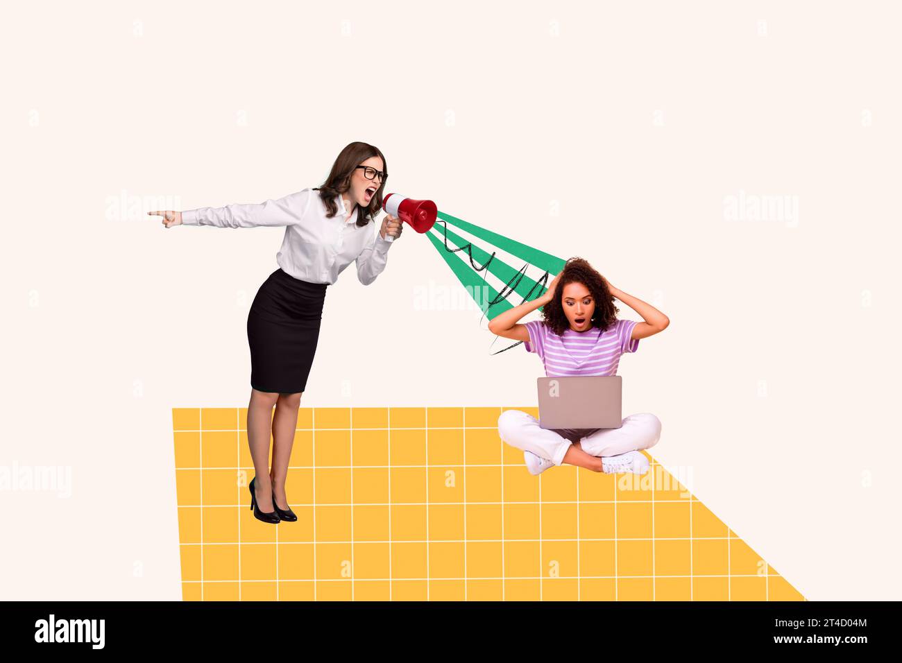 Abstract collage image of angry chief woman shouting employee working ...