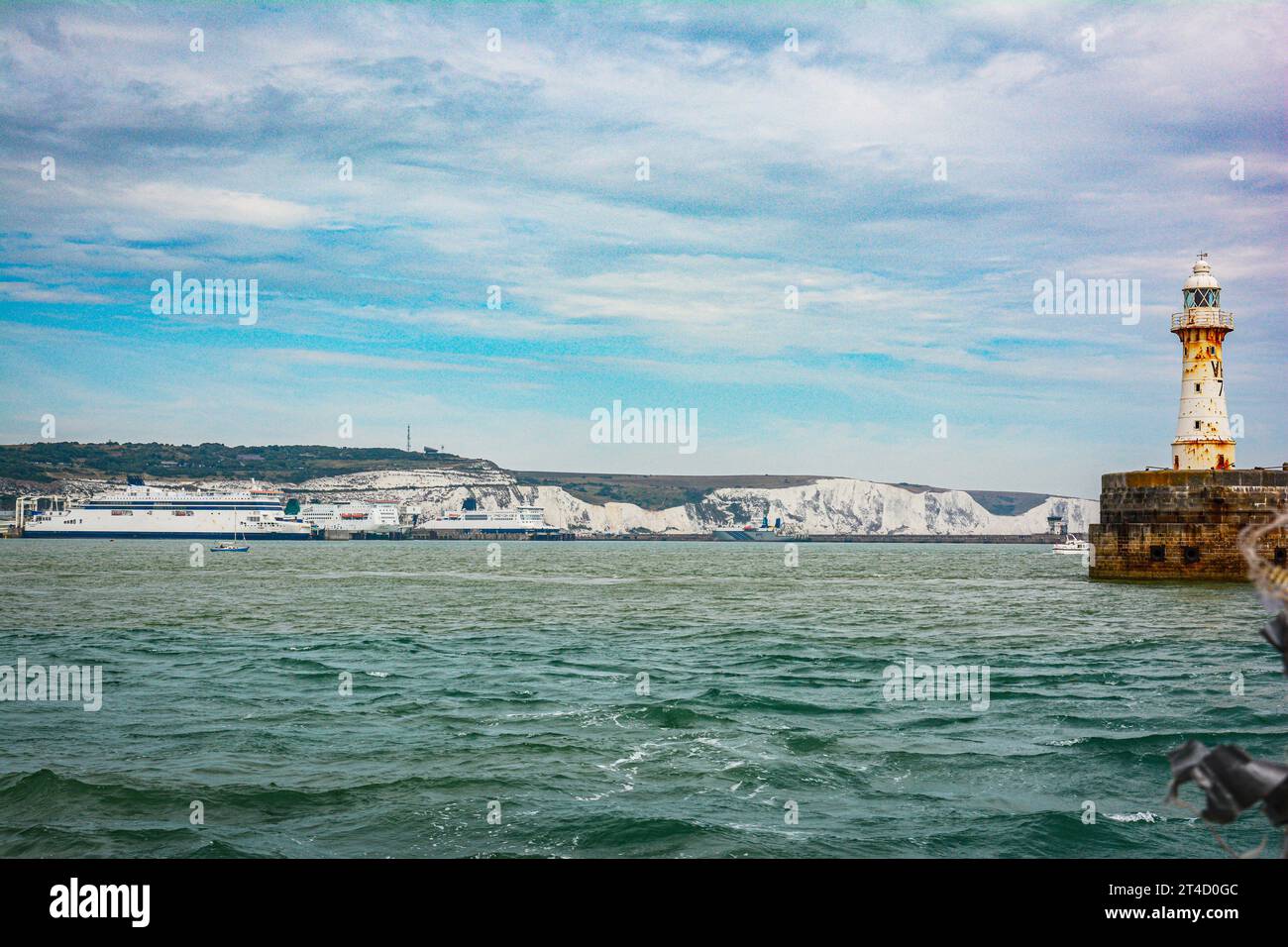 White Cliffs and the harbor of Dover view from the sea, Dover, Kent ...