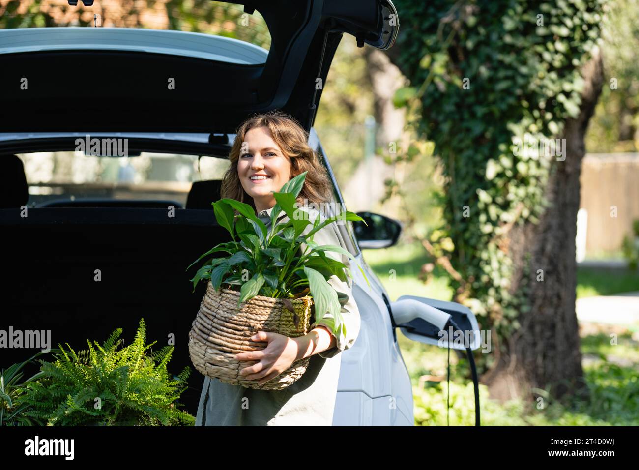 Woman with plant in pot next to a charging electric car in the yard of ...