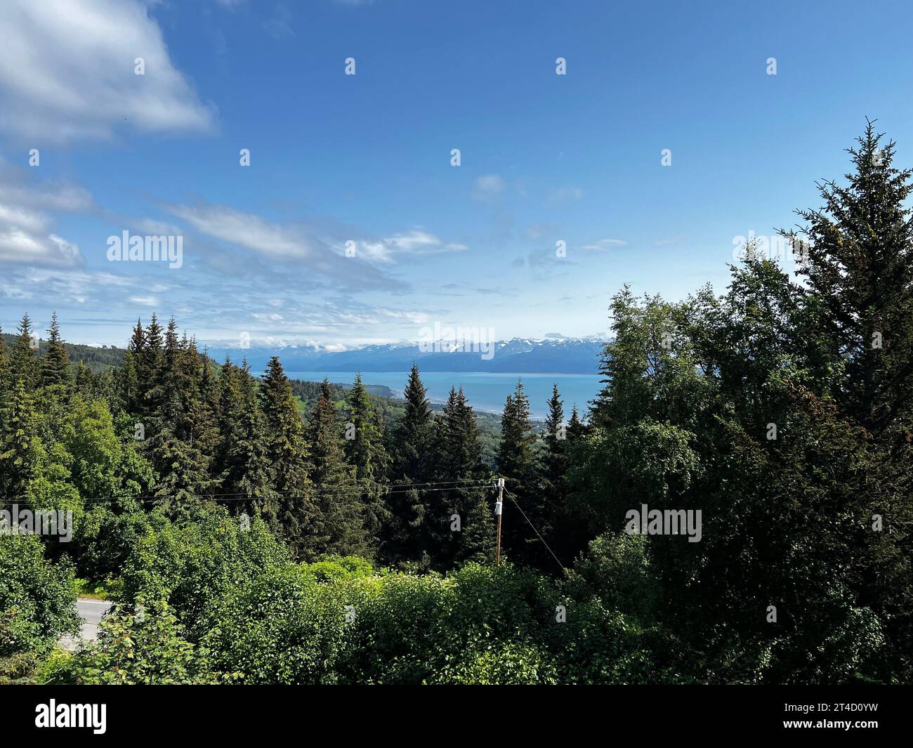 An aerial view of a scenic mountain landscape, featuring lush evergreen trees and a tranquil ...