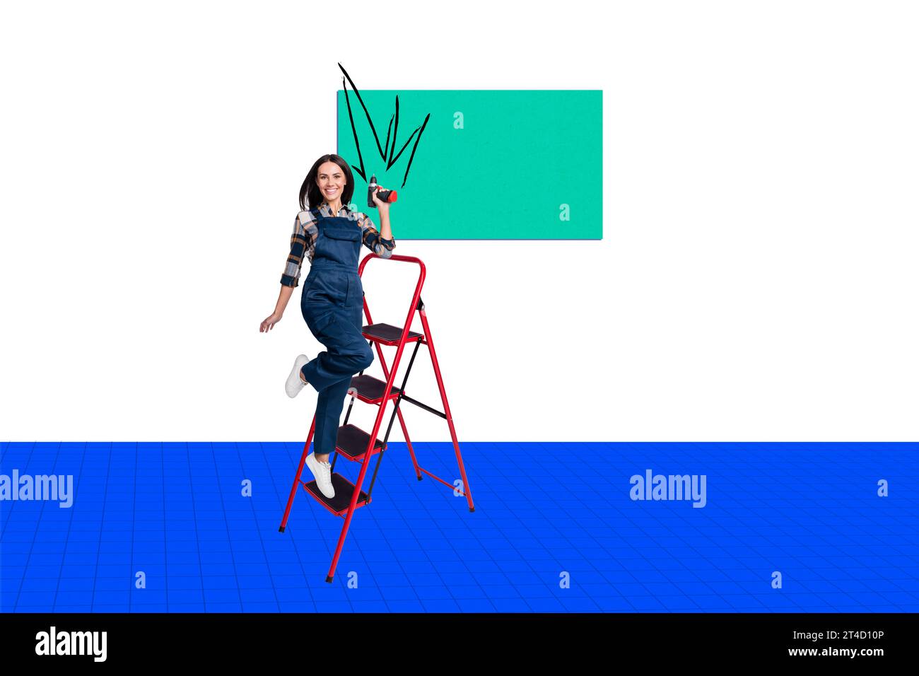 Composite collage picture of positive construction worker girl hold ...