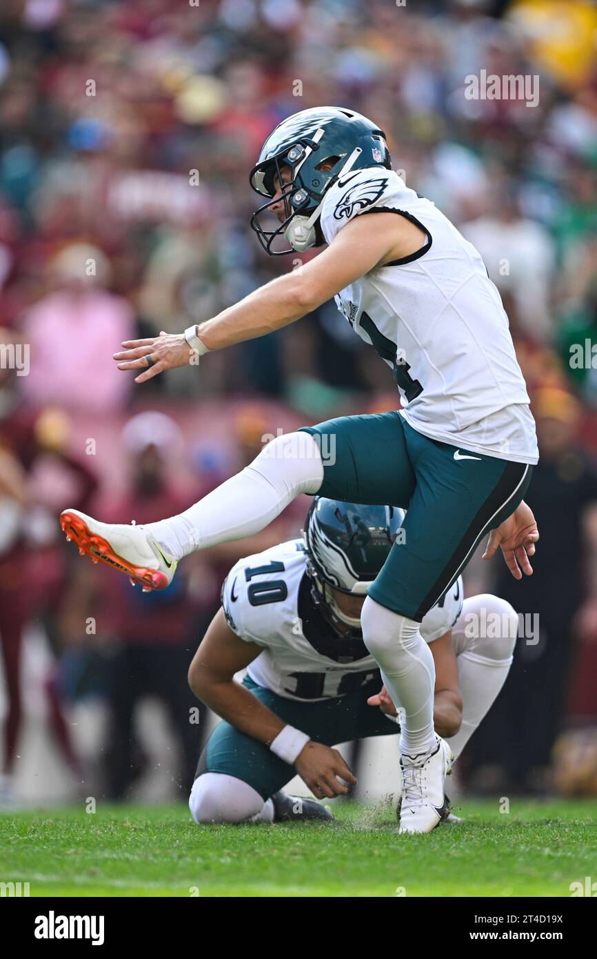 Philadelphia Eagles place kicker Jake Elliott kicks an extra point ...
