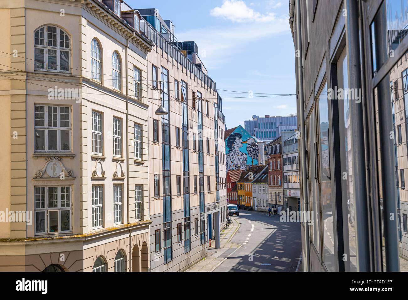Cityscape with passing people and buildings. Street of the old Danish ...