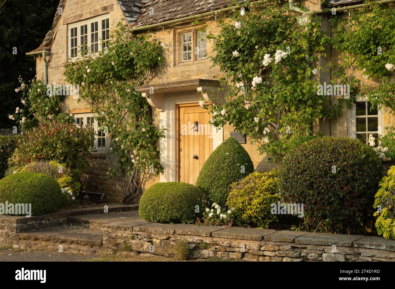 Rose-covered Cotswold cottage, North Cotswolds, England Stock Photo - Alamy