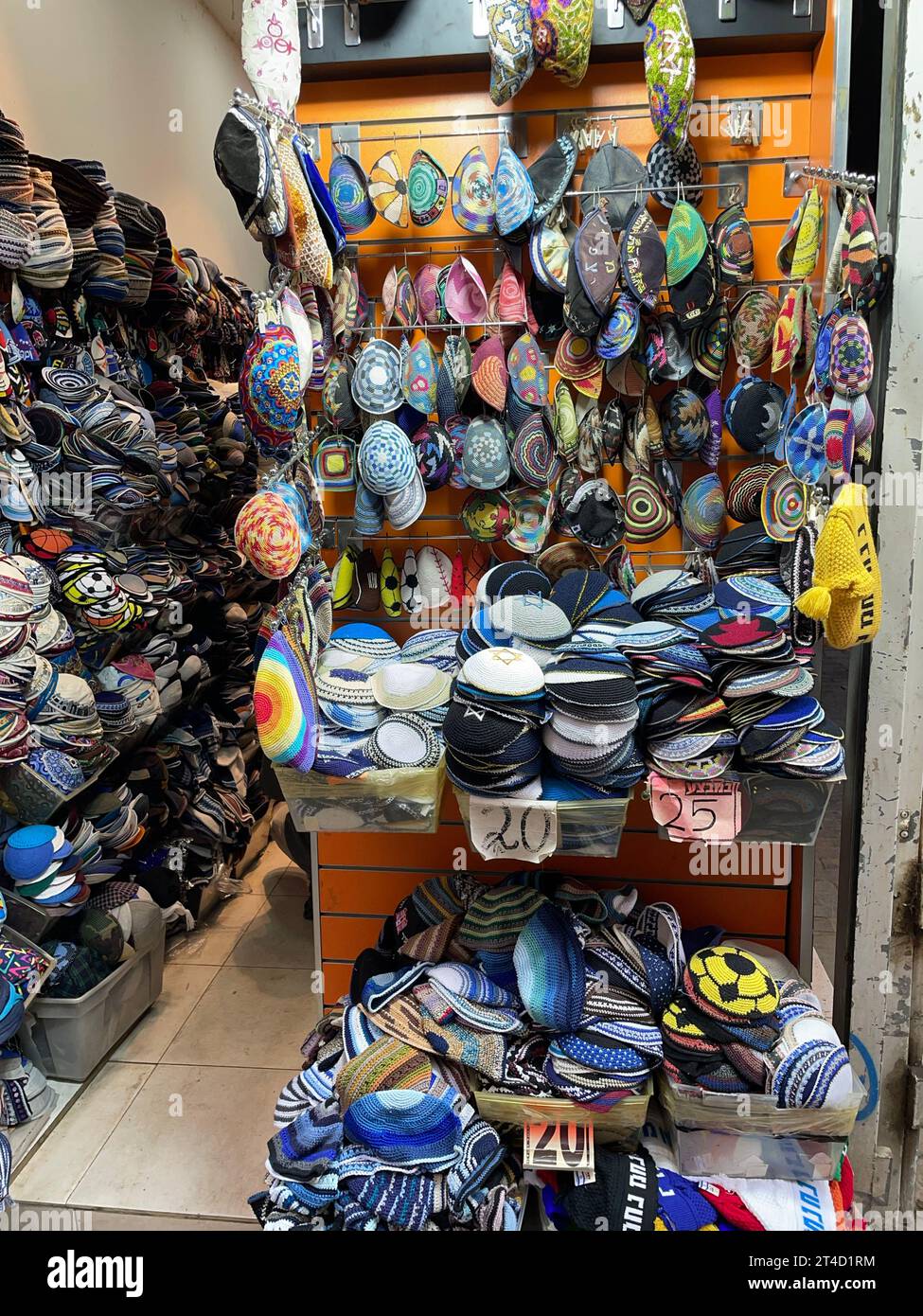 Jerusalem, Israel - October 22, 2023: Various kippas sold at a kippa ...