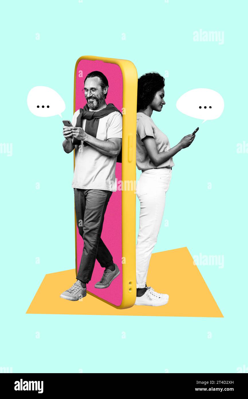 Contemporary design collage illustration of two people using messenger ...