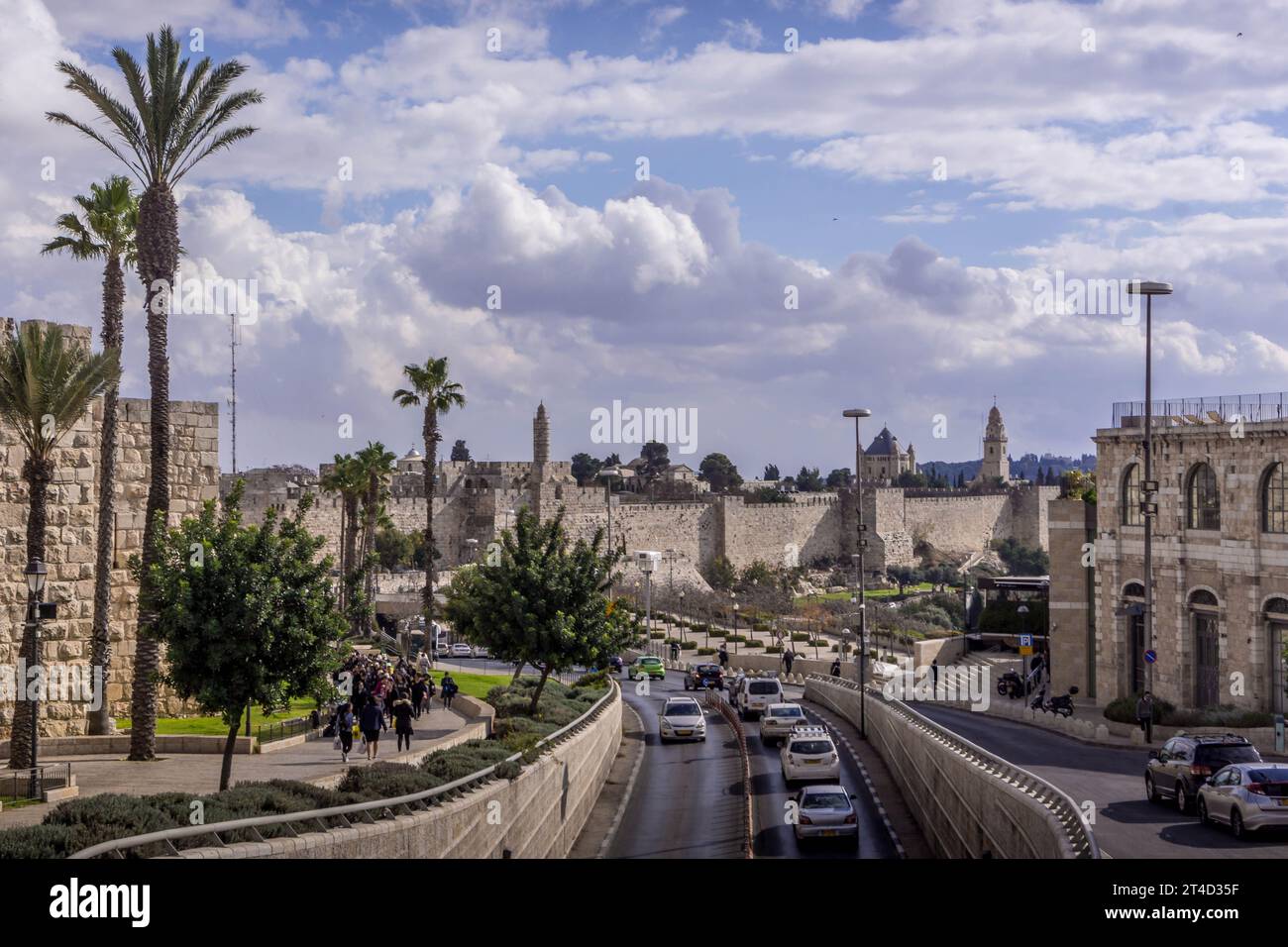 The road traffic on Jerusalem highway going along the walls of the Old ...
