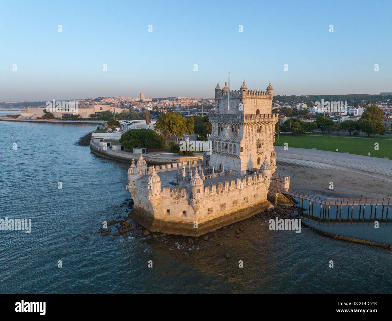 An aerial view of the Belem Tower in Lisbon Portugal, with the 25 de ...