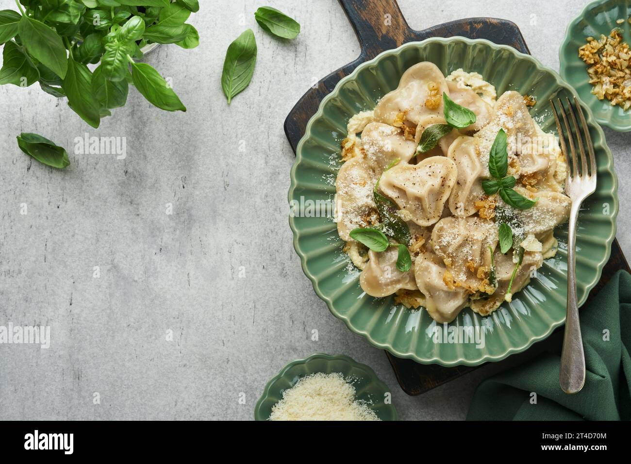 Homemade italian ravioli pasta in heart shape with beef meat, cheese ...