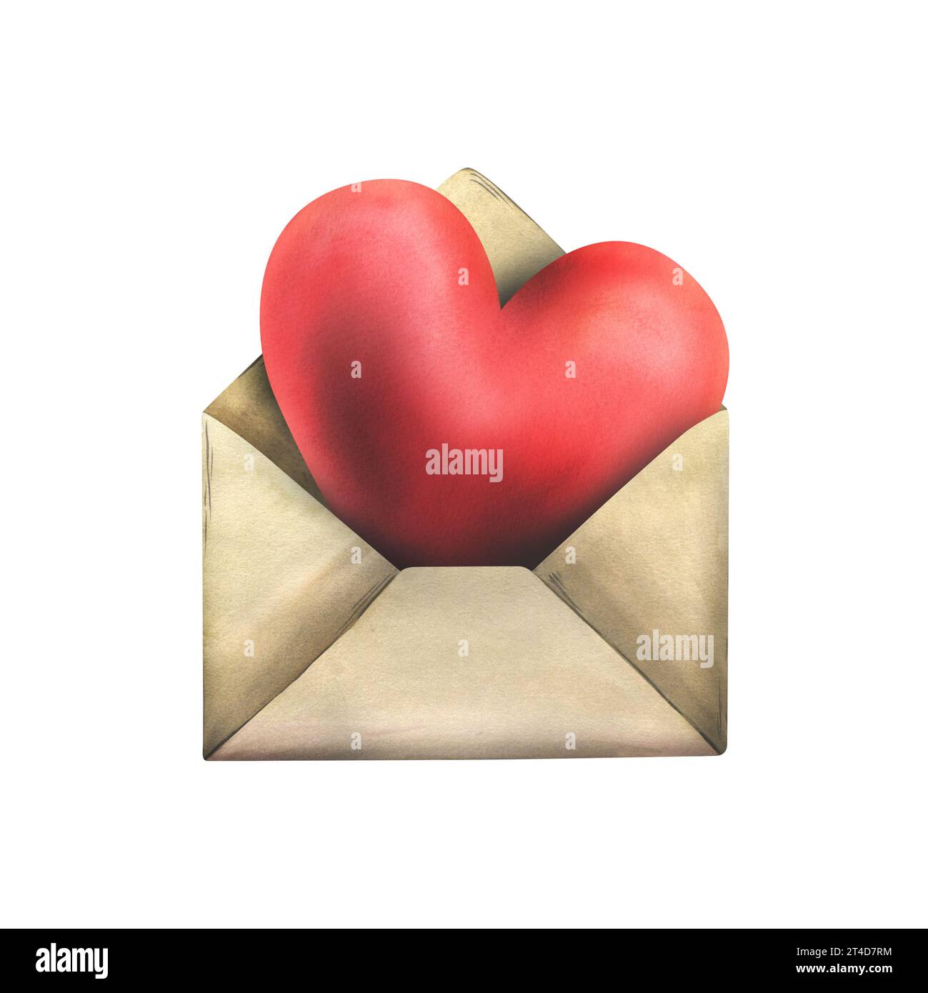 Big red heart inside a craft paper envelope, love letter. Hand drawn ...