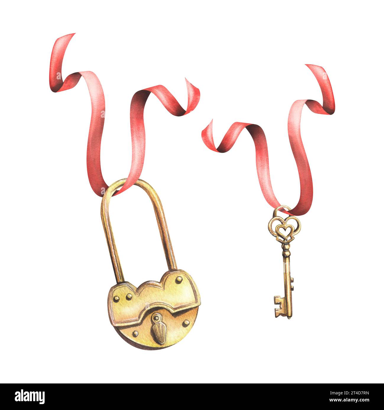 Gold metal padlock with a hole, key heart shape and suspended on red ...