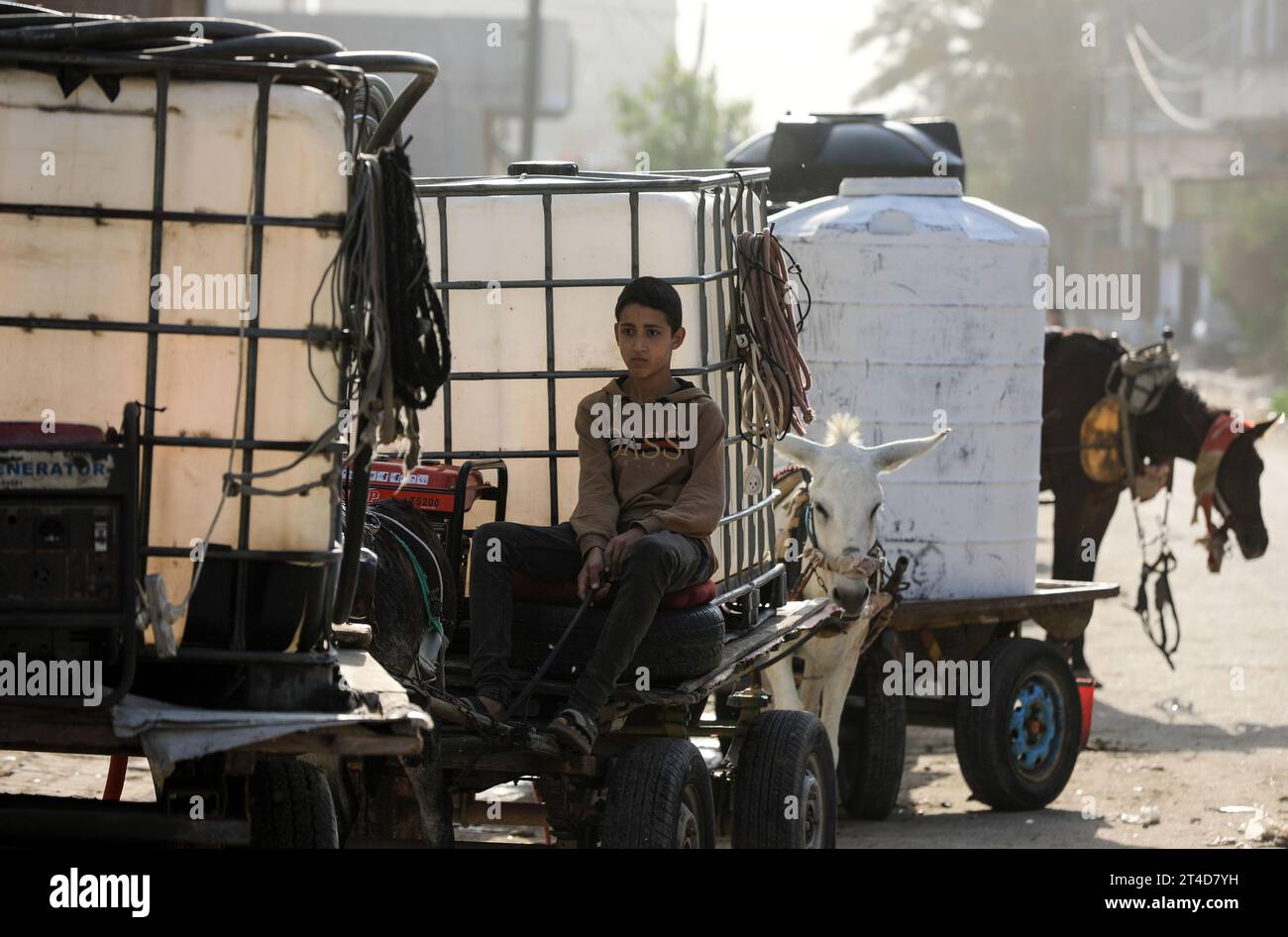 Gaza. 30th Oct, 2023. A boy sits on donkey-drawn cart loaded with a ...