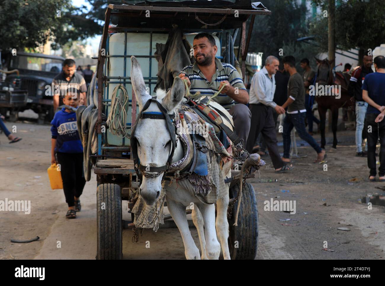 Gaza. 30th Oct, 2023. A man uses donkey-drawn cart to transport water ...