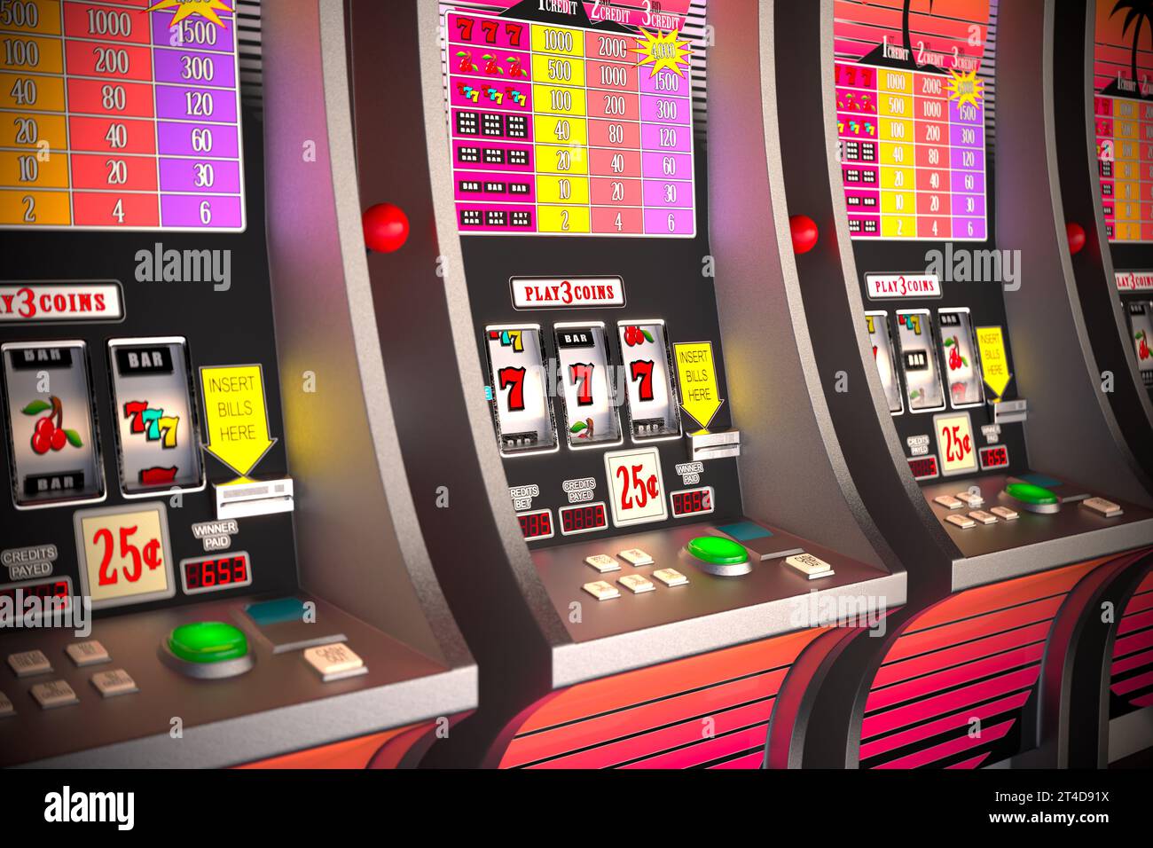 A picture of a casino retro slot machines standing in a row during ...