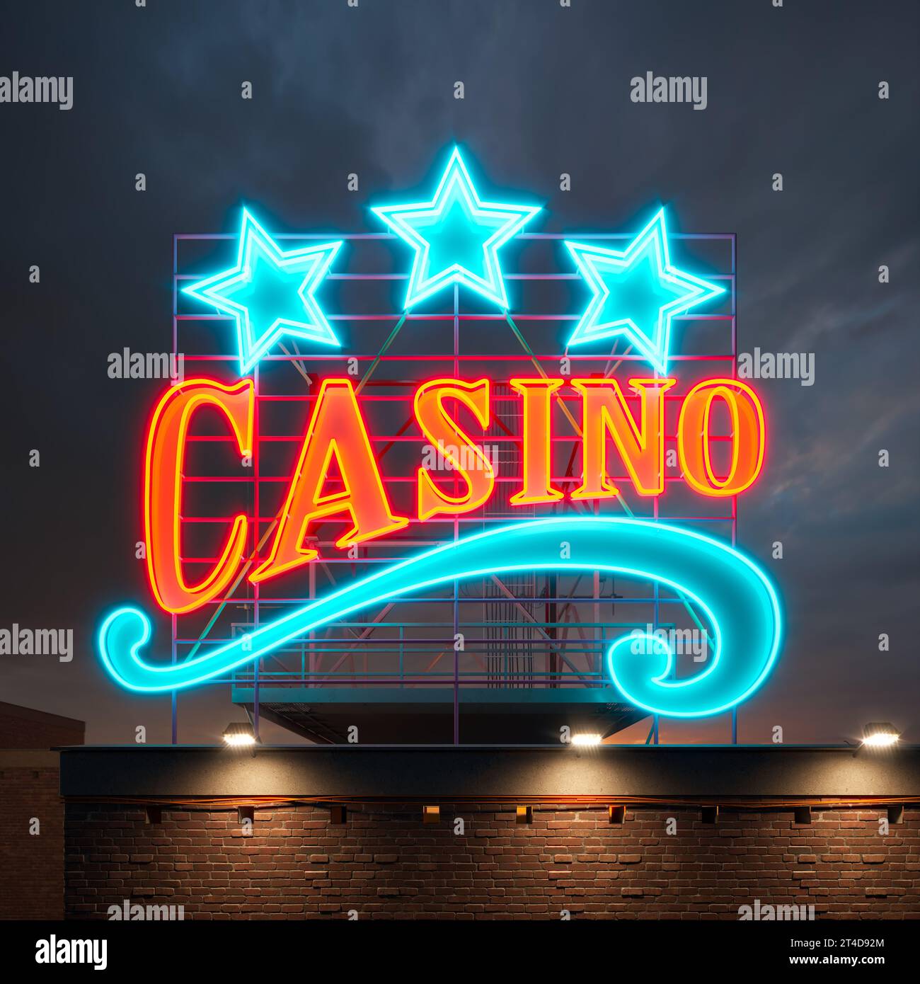 Old fashioned casino sign on the top of the roof glowing at night ...