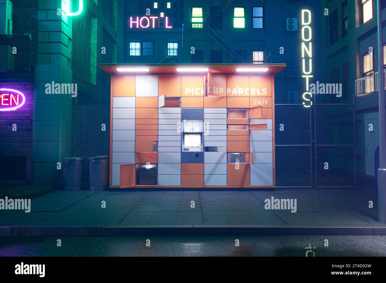 The parcel locker nestled between towering city buildings bathed in the ...