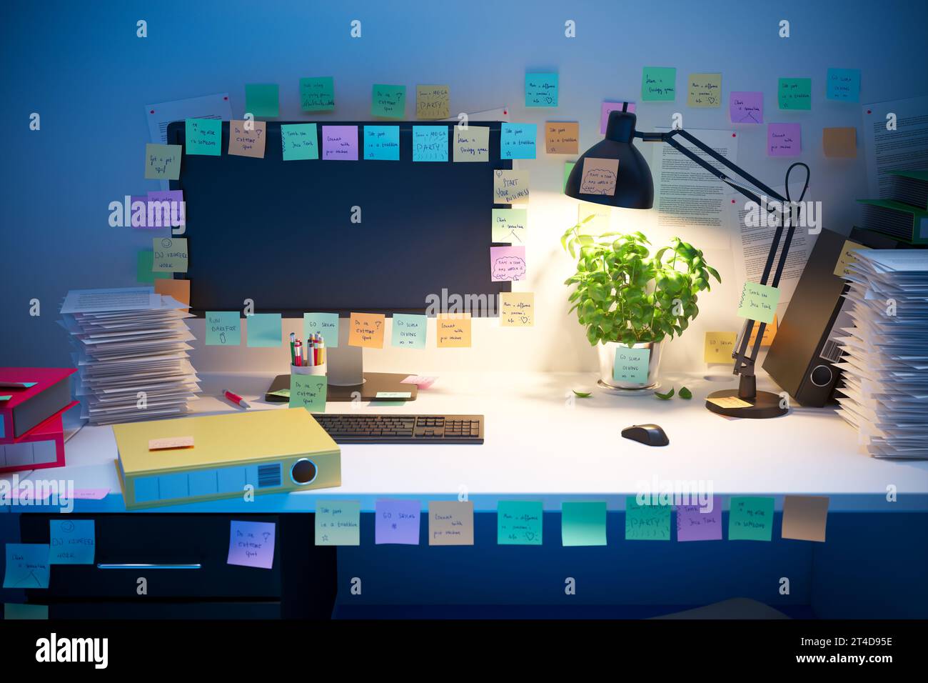 A busy evening in the home office. Piles of documents, post-it notes ...