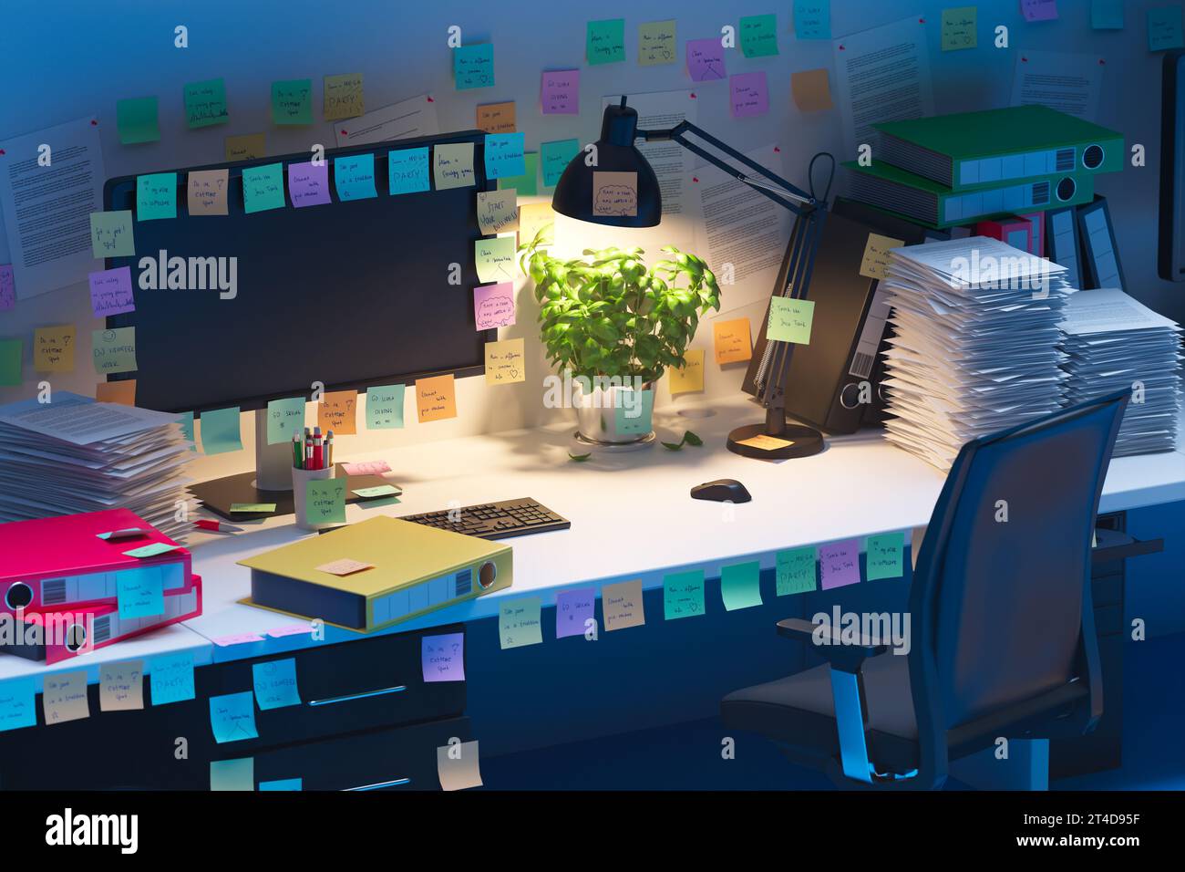 A busy evening in the home office. Piles of documents, post-it notes ...