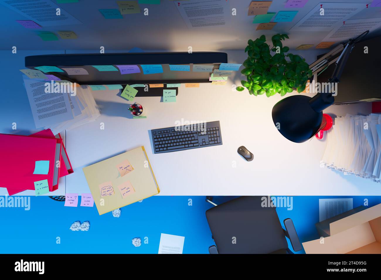 A busy evening in the home office. Piles of documents, post-it notes ...