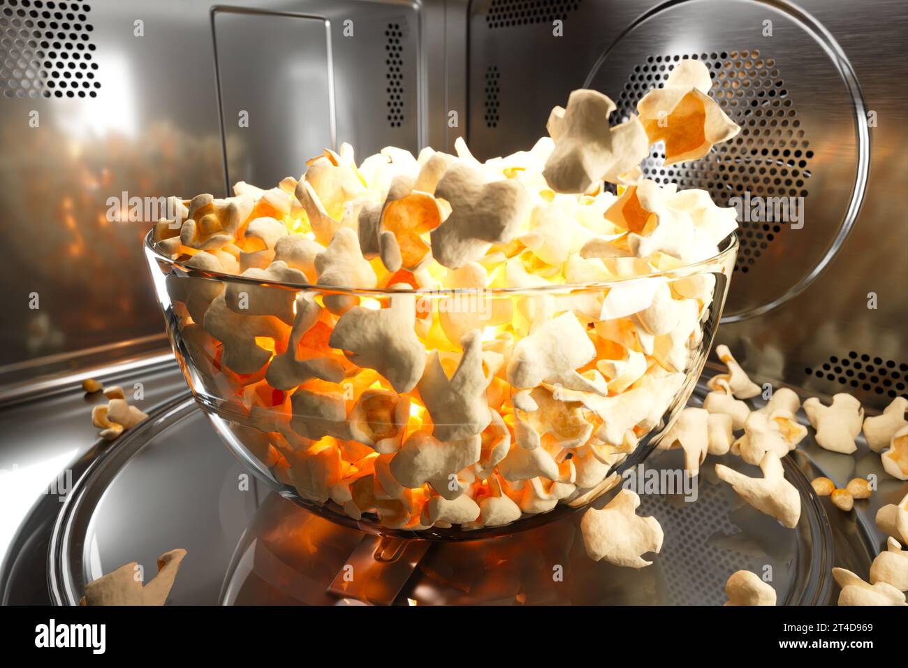Close-up view of a bowl filled with freshly popped microwave popcorn ...