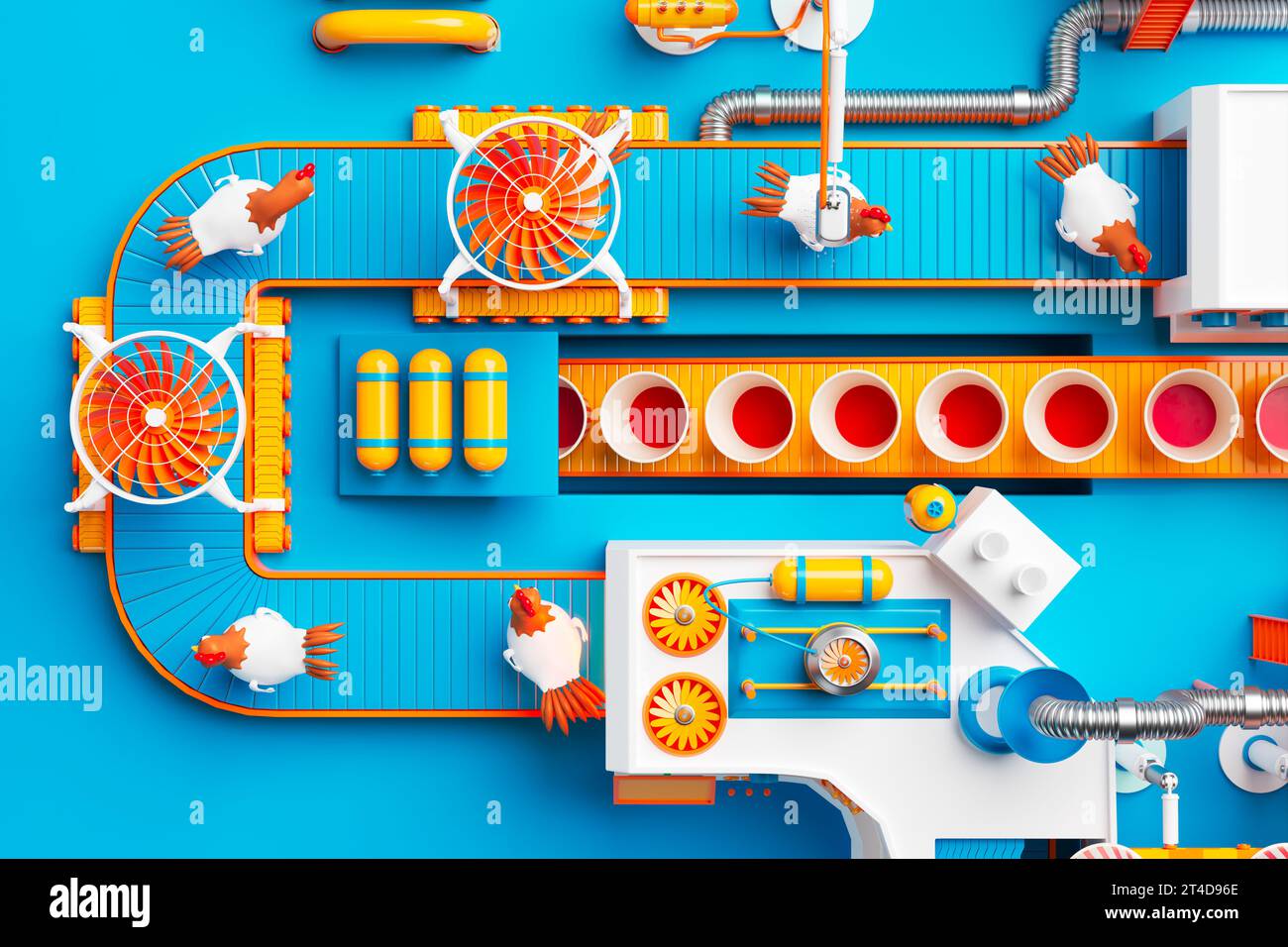 Cartoon factory with machines preparing chickens for the process of ...